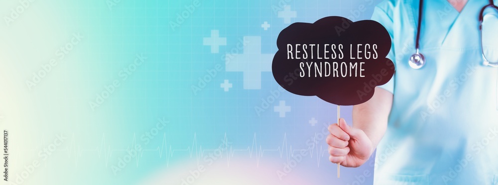 Restless legs syndrome (Willis-Ekbom disease). Doctor holding sign ...
