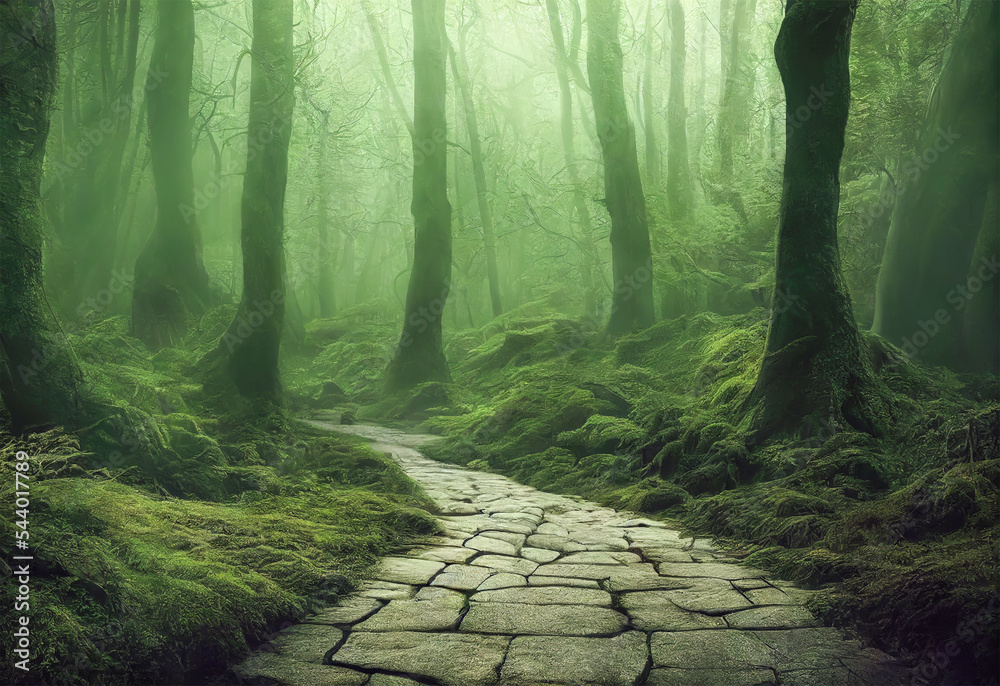 An ancient mysterious forest in the fog with a road paved with stones ...