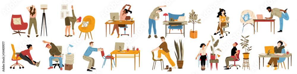 Office employees exercise at work, stretch near the desk isolated set ...