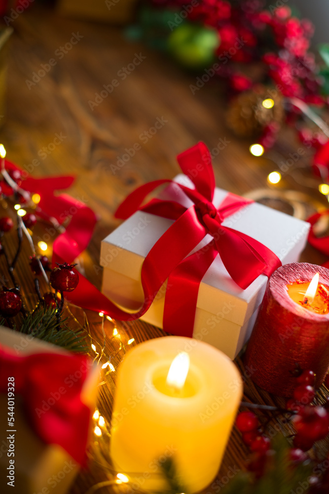 Christmas Gifts boxes with red satin ribbon and bow, beautiful Xmas and ...