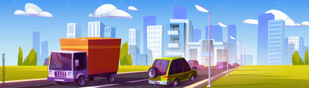 Traffic on highway against cityscape background. Cartoon vector ...
