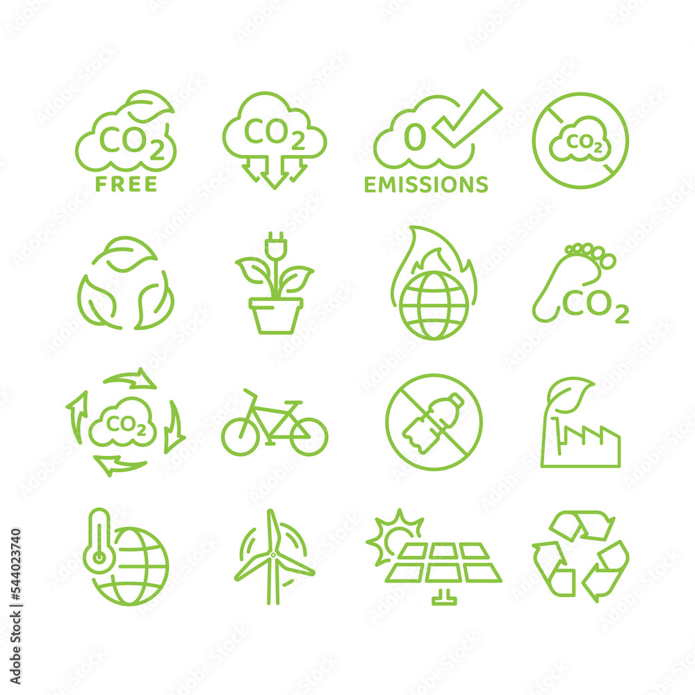 Zero emissions, carbon footprint reduction vector icon set. Ecology ...