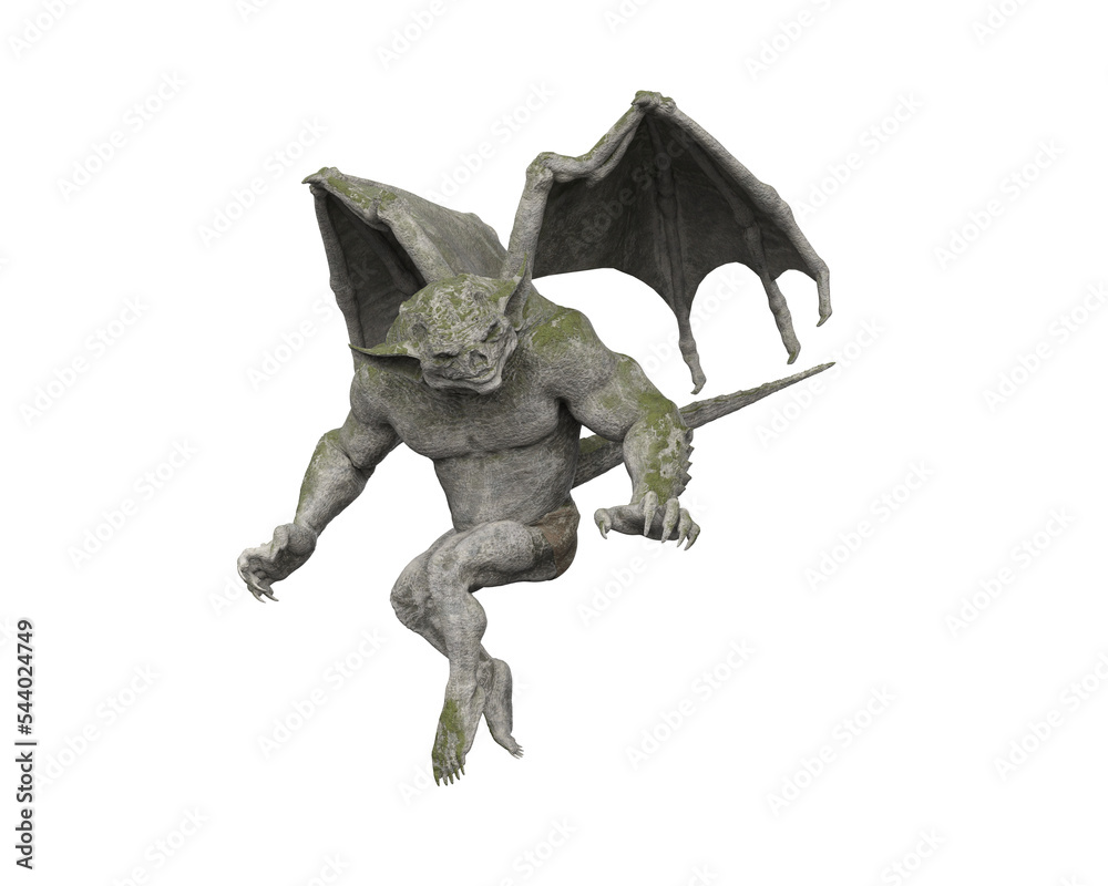 3D illustration of a moss covered stone Gargoyle fantasy creature ...
