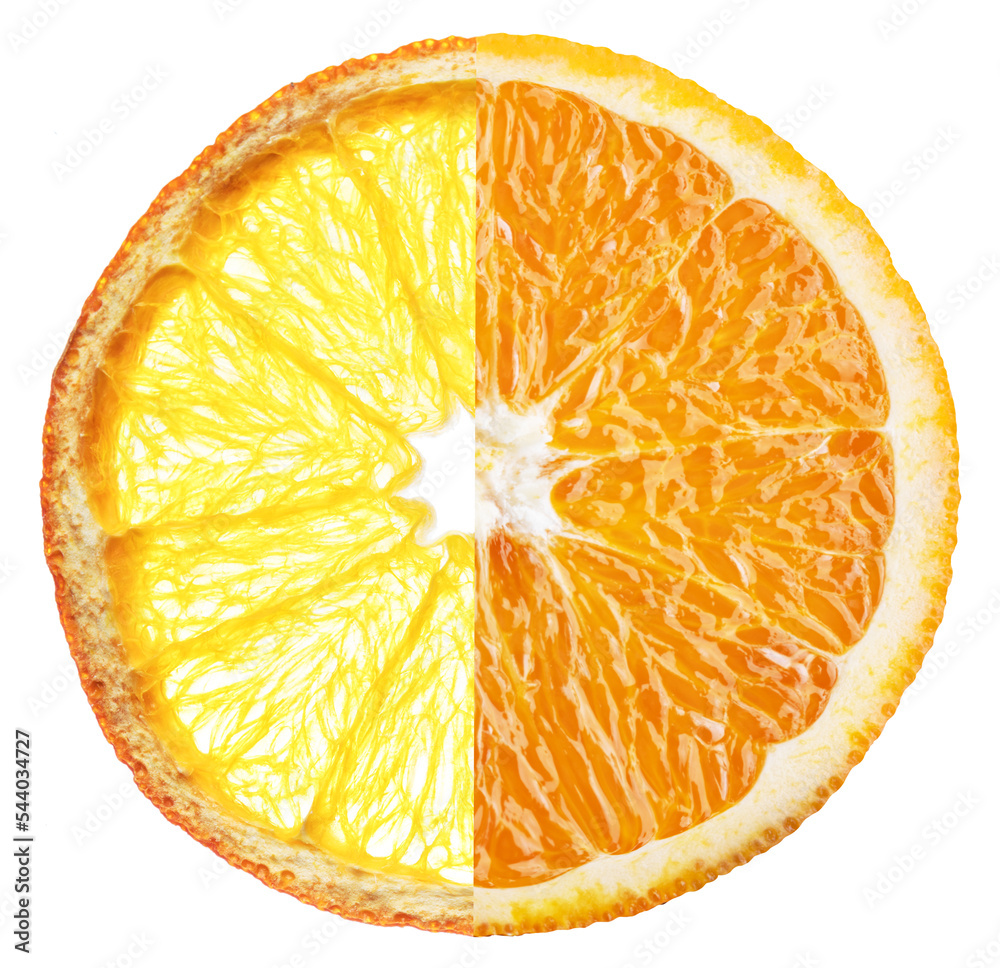 Citrus slice divided on two section dry orange and fresh orange ...