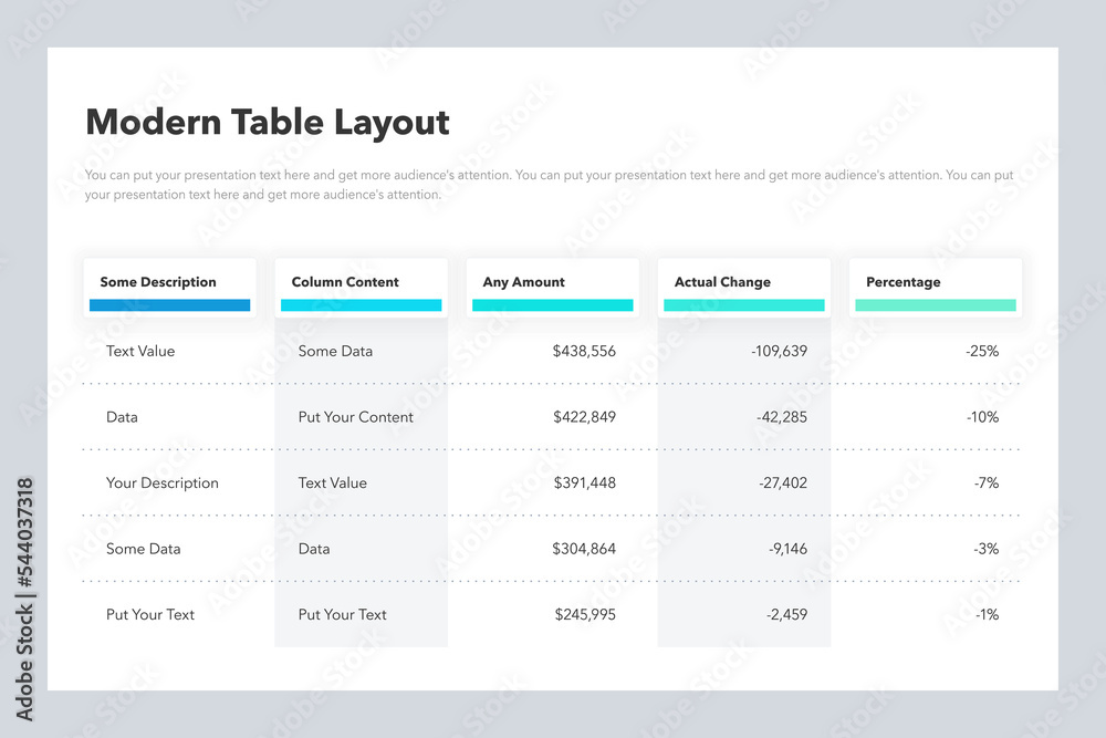 Modern table layout template with five colorful columns. Simple flat ...