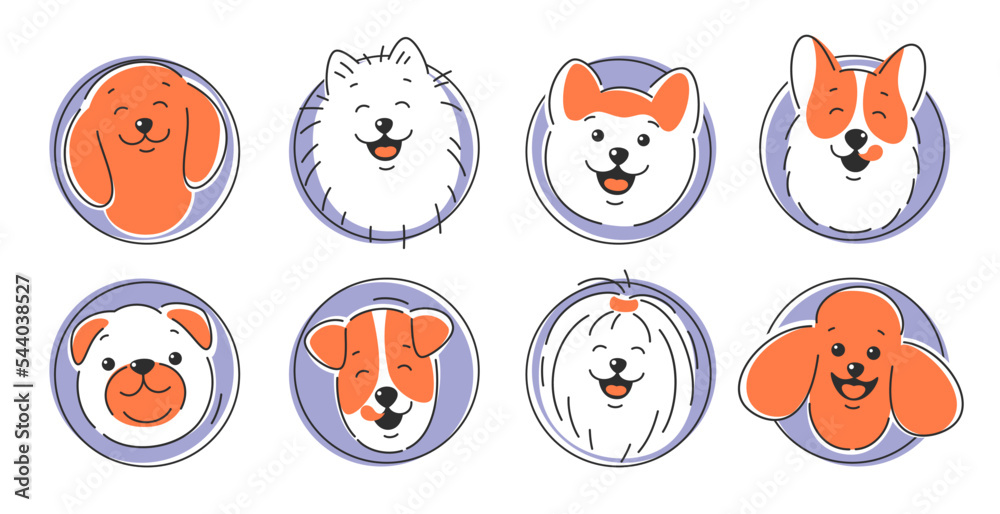 Set of dog faces of different breeds. Corgi, Akita, spitz , Dachshund ...