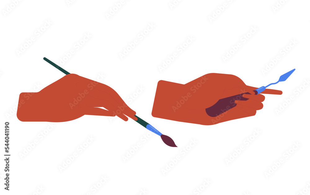 Hands holding paintbrush, making brush stroke, applying paint. Artists ...