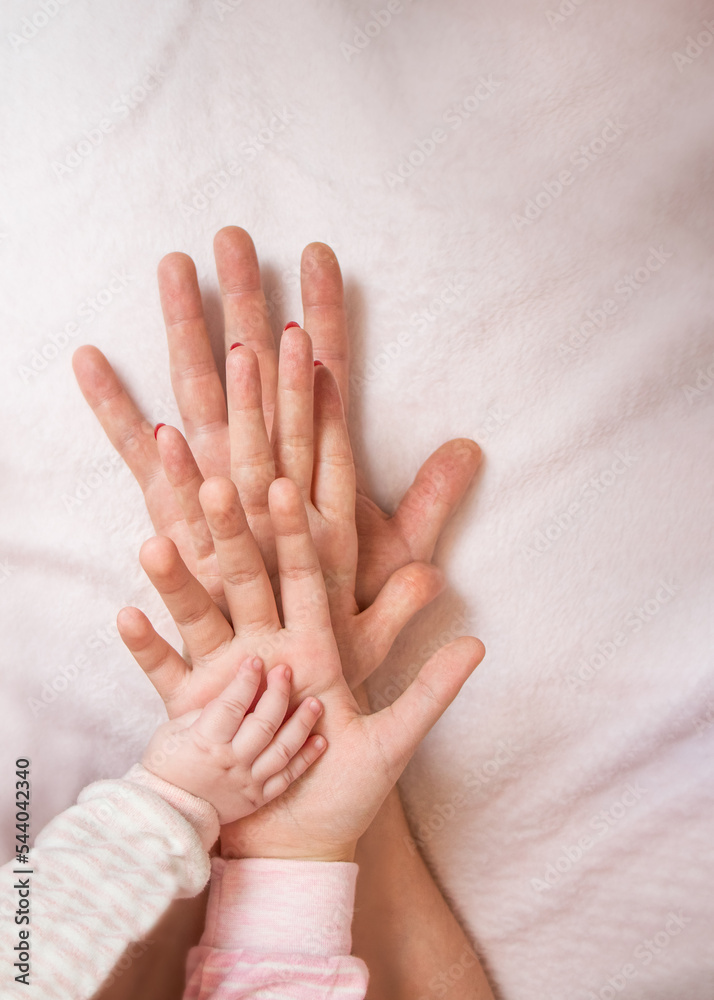 family hands close-up, family put their hands together, open palms of ...