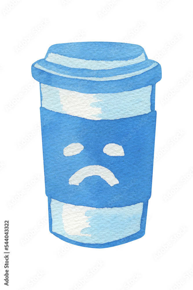 Watercolor blue Paper coffee cup with a sad face. The concept of Blue ...