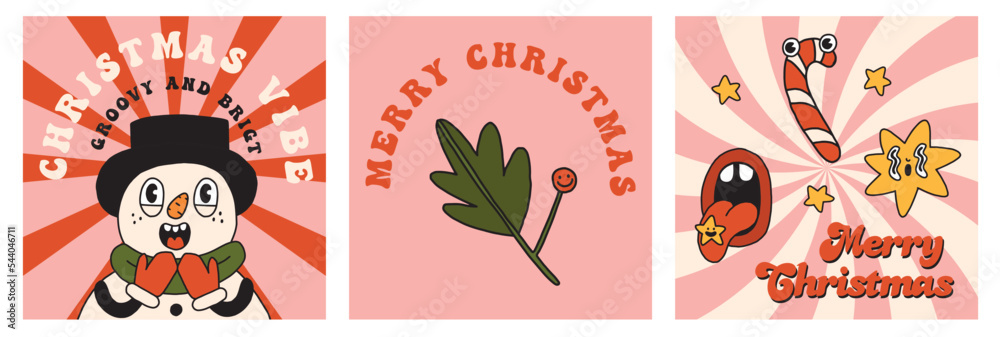 Christmas retro collection 30s cartoon square cards. Snowman, lsd star ...