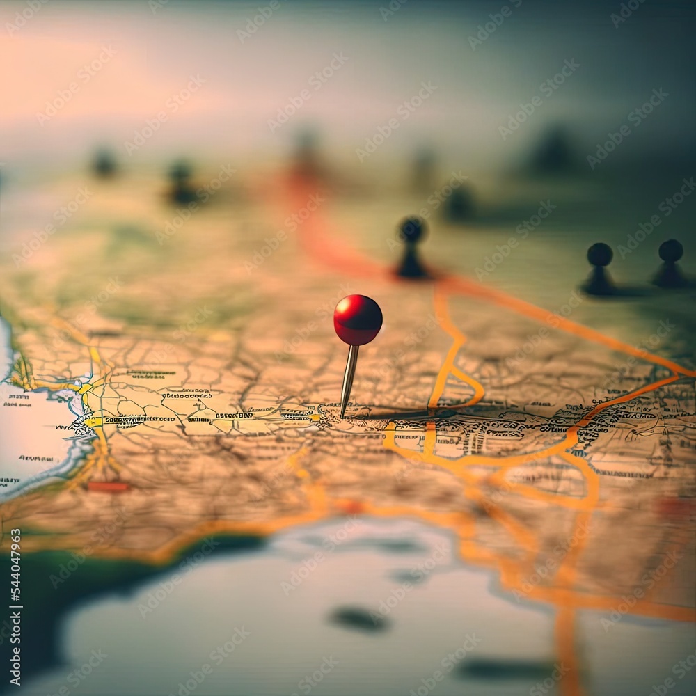 Red push pin on a blurry road map, symbol of travel planning, logistics ...