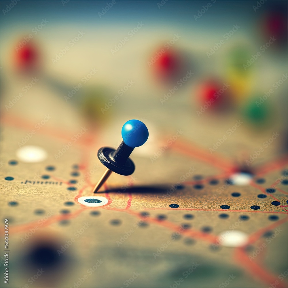 Blue and black push pin on a blurry city road map, symbol of travel ...