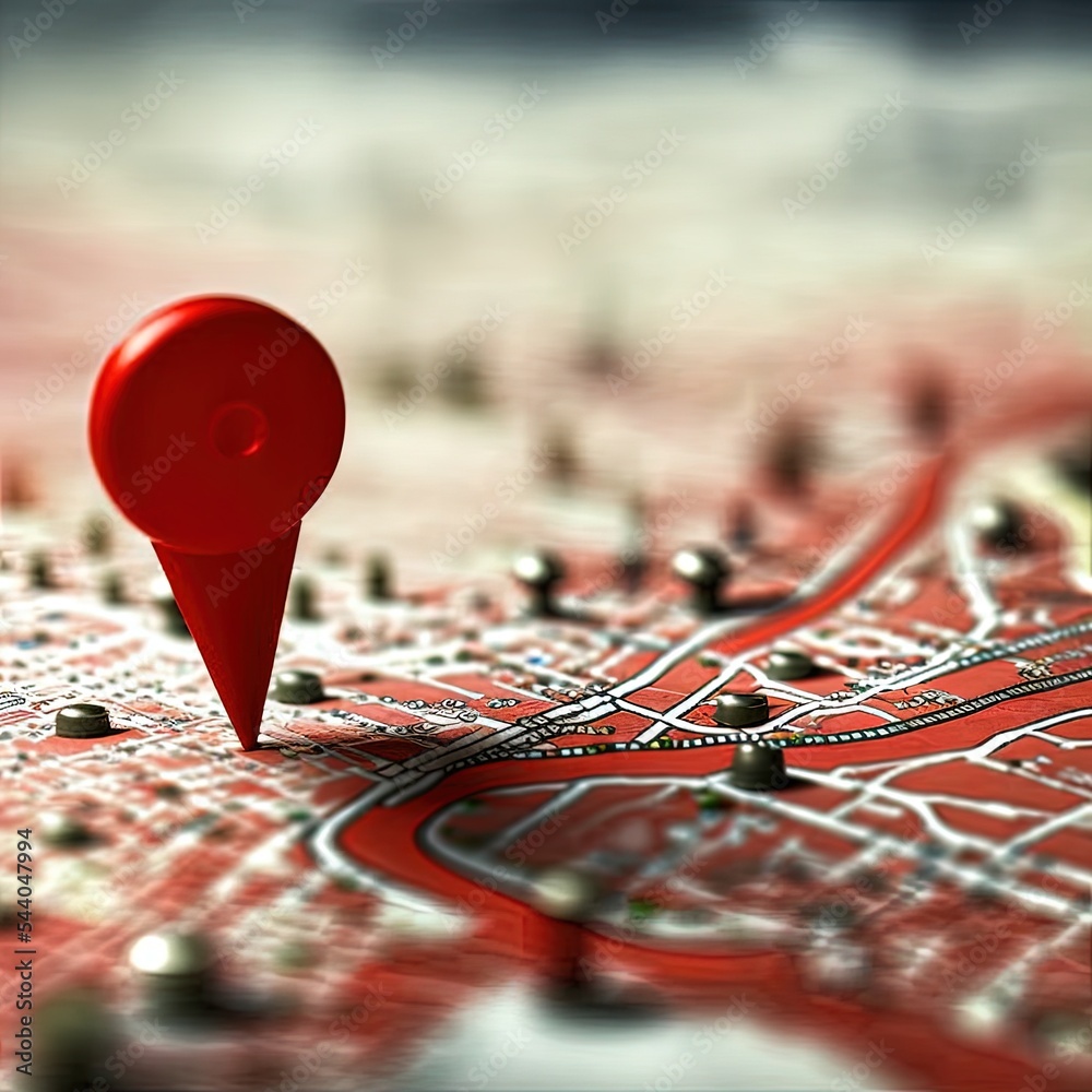 Red push pin on a blurry road map, symbol of travel planning, logistics ...
