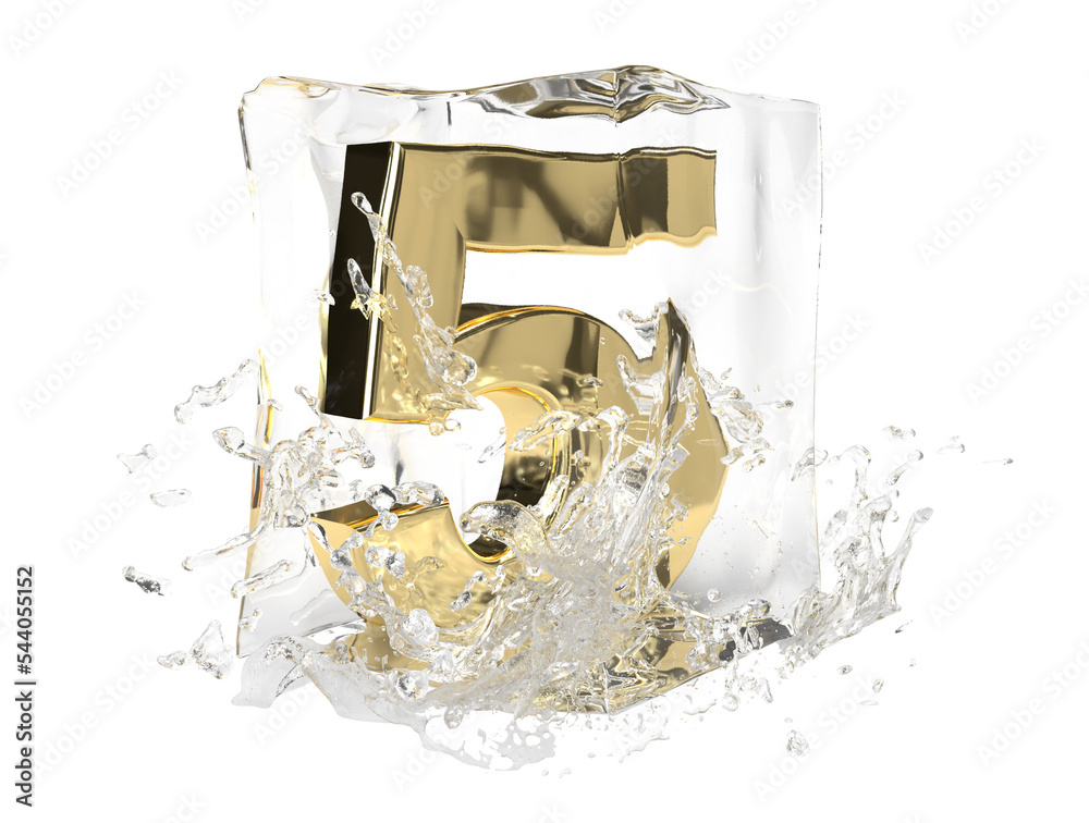 Gold number five in cube of melting ice and drop water on isolated ...