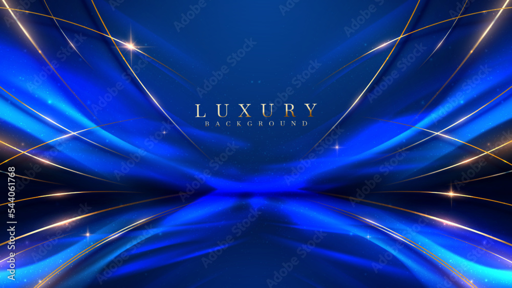 Blue luxury background with golden line decoration and curve light ...