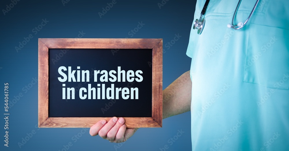 Skin rashes in children. Doctor shows sign/board with wooden frame ...