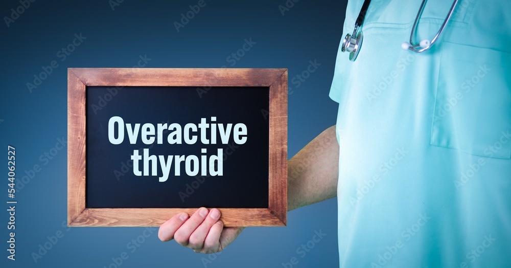 Overactive thyroid (hyperthyroidism). Doctor shows sign/board with ...