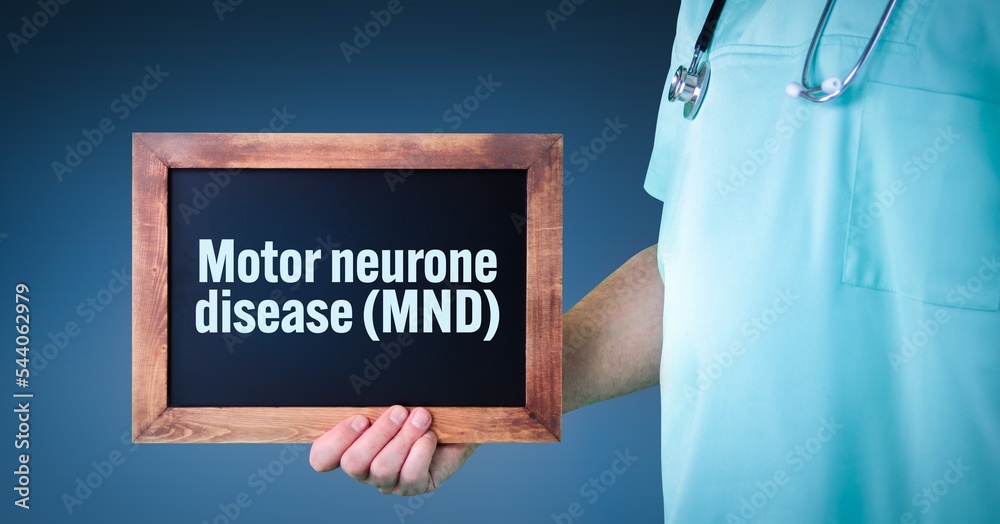Motor neurone disease (MND). Doctor shows sign/board with wooden frame ...