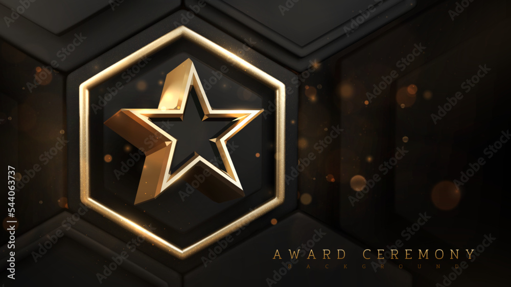 Award ceremony background with 3d gold star elements on black hexagon ...