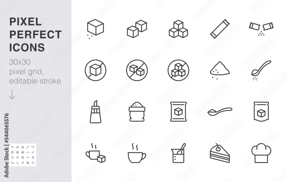 Sugar line icon set. Sweetener, powder, glucose, pouch, sachet, soluble ...