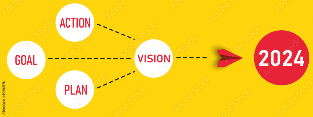 Red plane flying to 2024. Red plane heading towards goal, plan, action ...