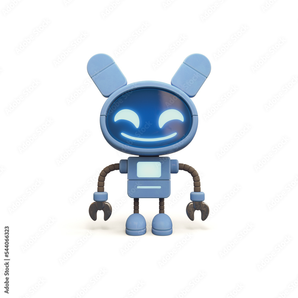 Friendly positive little blue robot with glowing smiling face on screen ...