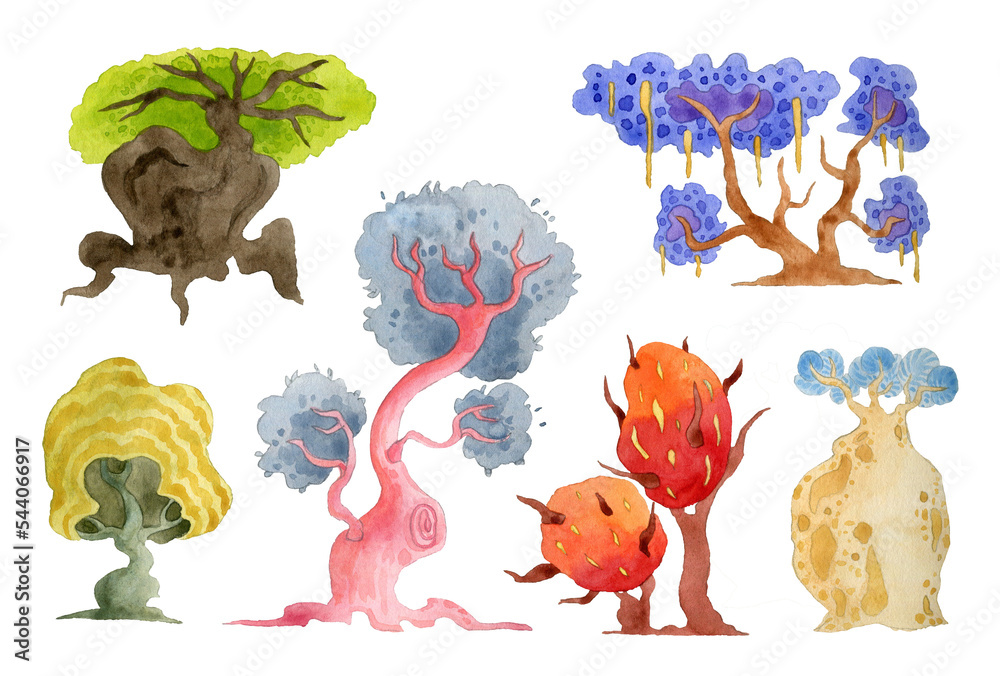 ภาพประกอบสต็อก Magic trees set. Fantasy forest design elements ...