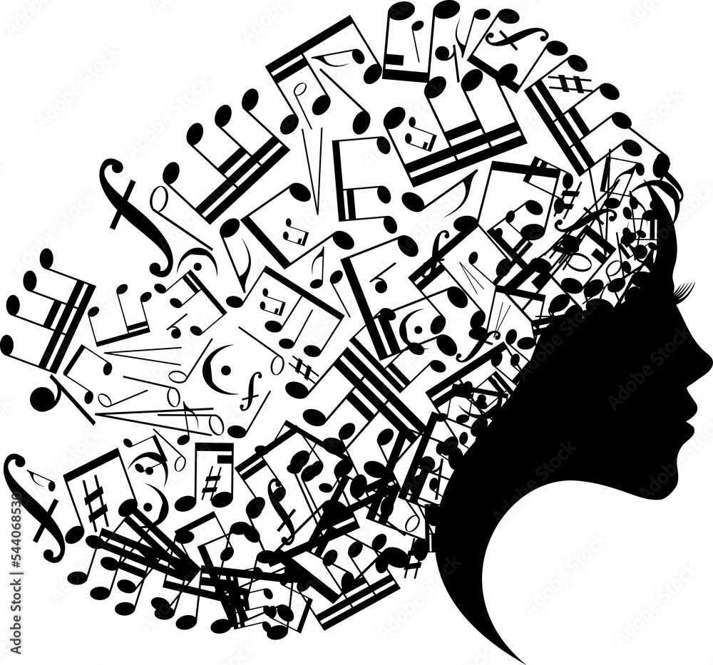 Beautiful woman profile silhouette with music hair, young female face ...
