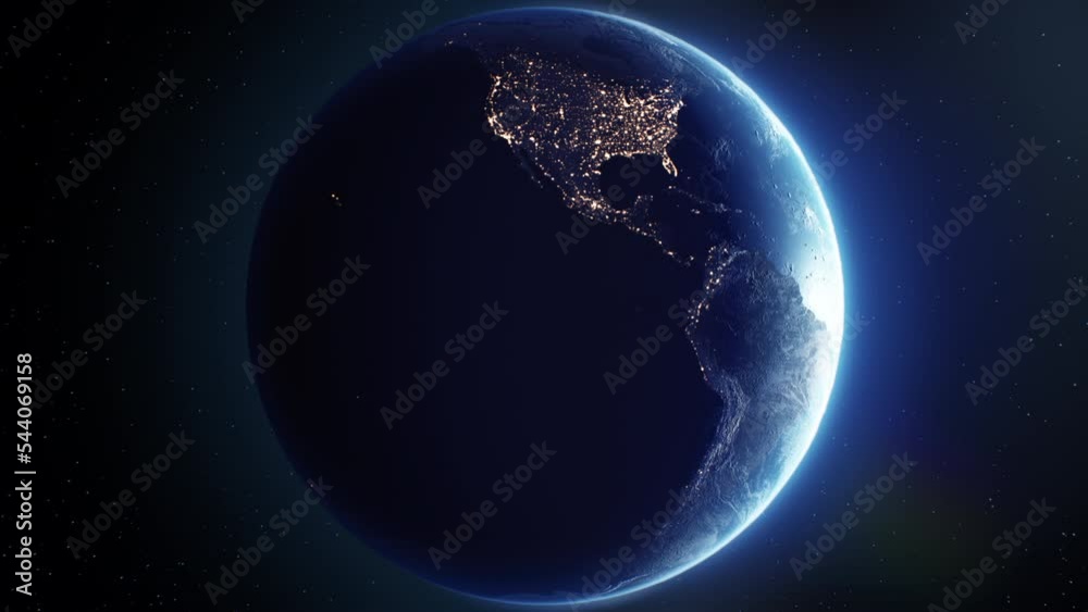 Blue Earth at Night View From Space Full Rotation 360 degrees, City ...
