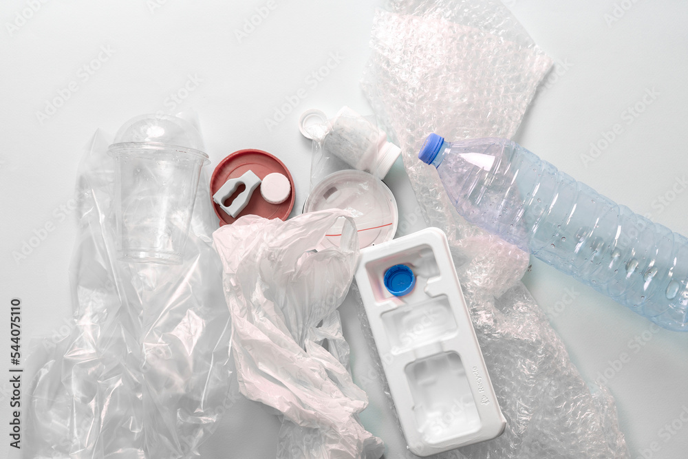 top view layout of plastic things, concept of nature care and plastic ...