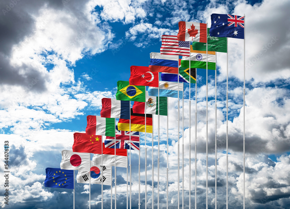 G20 summit or meeting concept. A string of G20 flags and a list of ...