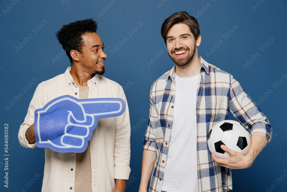Young two fan friend happy men wear white shirt foam glove finger up ...