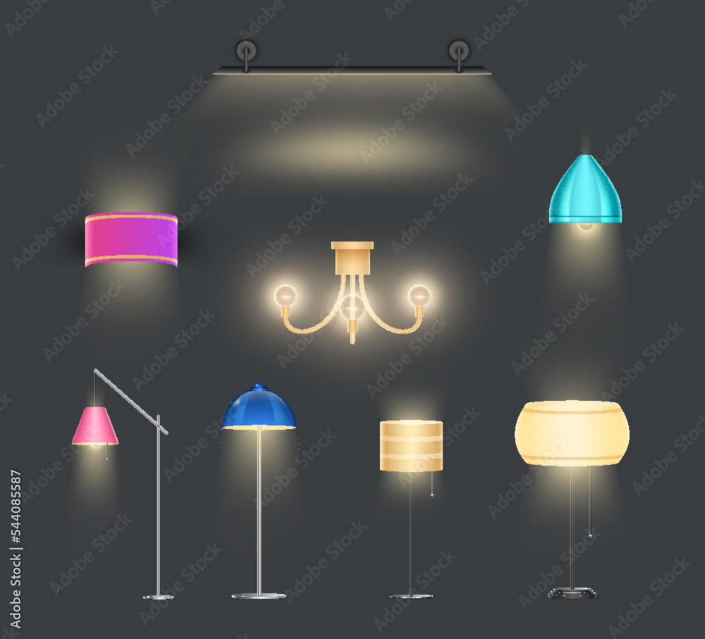 Realistic lamps set. Home floor and wall 3d light torchere and ...