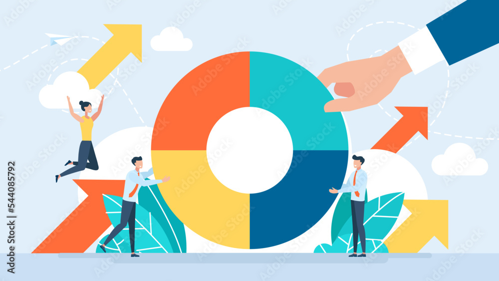 Tiny characters build business circle of four parts. Hand puts part ...