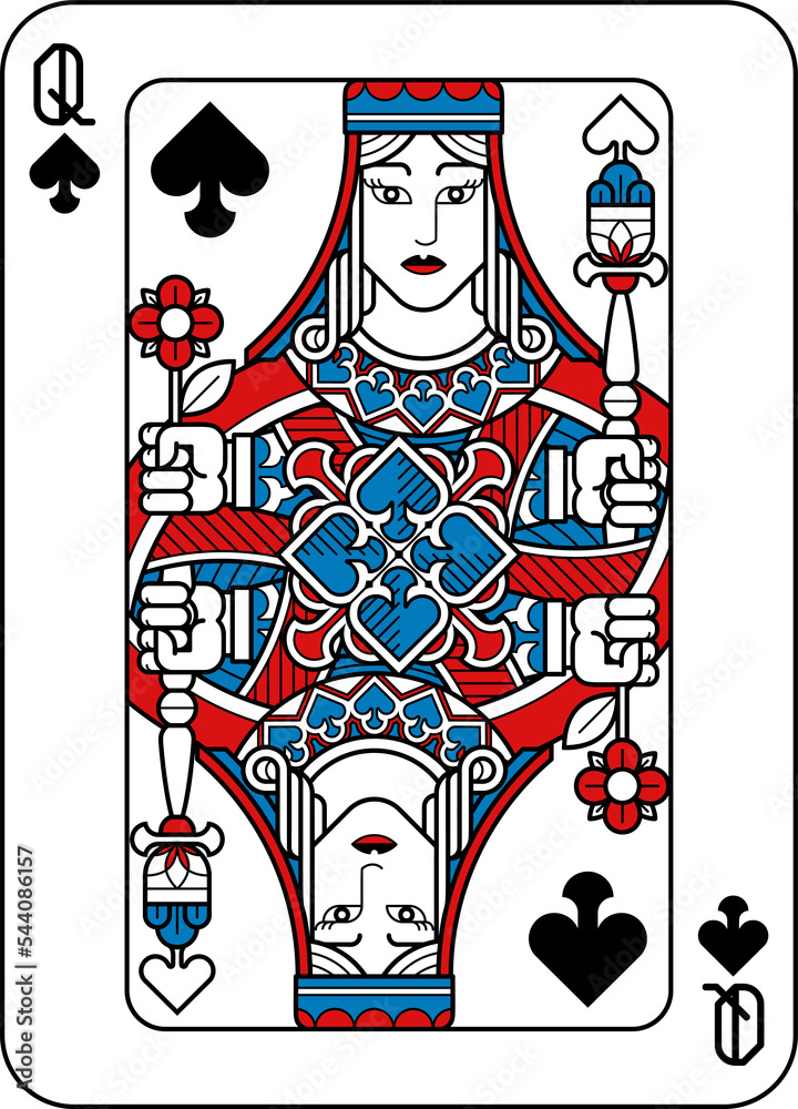 Playing Card Queen of Spades Red Blue and Black Stock Illustration ...
