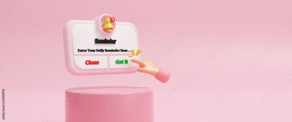 Reminder 3d illustration on pink podium and background. notifications ...
