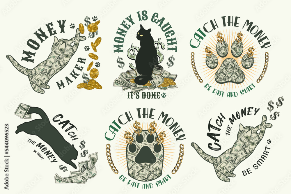 Set of labels with silhouette of cat, 100 US dollar bills, gold coins ...
