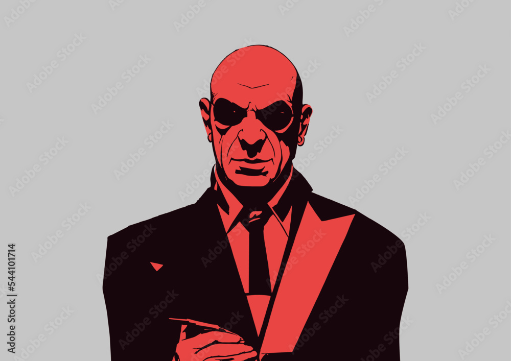 Poster bald mafia man in suit silhouette illustrated portrait, red ...