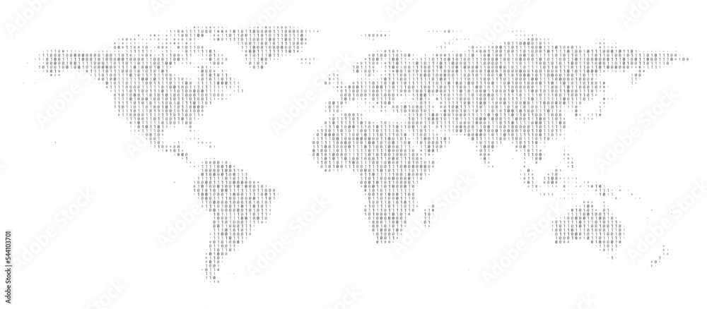 Abstract Gray Digital Binary Code World Map Isolated On White Background Technology Coding Or