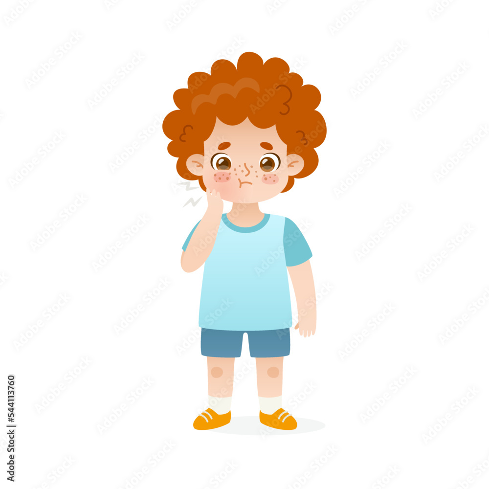 Kid with toothache and swollen cheek. Sad cartoon boy with dental pain ...