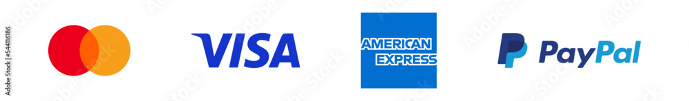Payment systems logo set. Mastercard, Visa, American Express, PayPal isolated flat icons. Vector ...