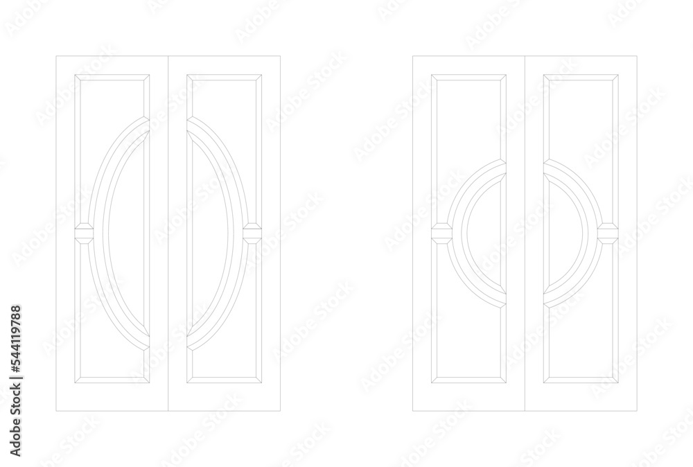 Decorative timber door drawing in 2D and in black and white. The ...