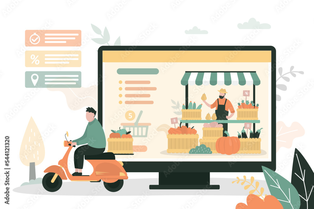Courier delivering farm food on moped. Deliveryman takes order from ...