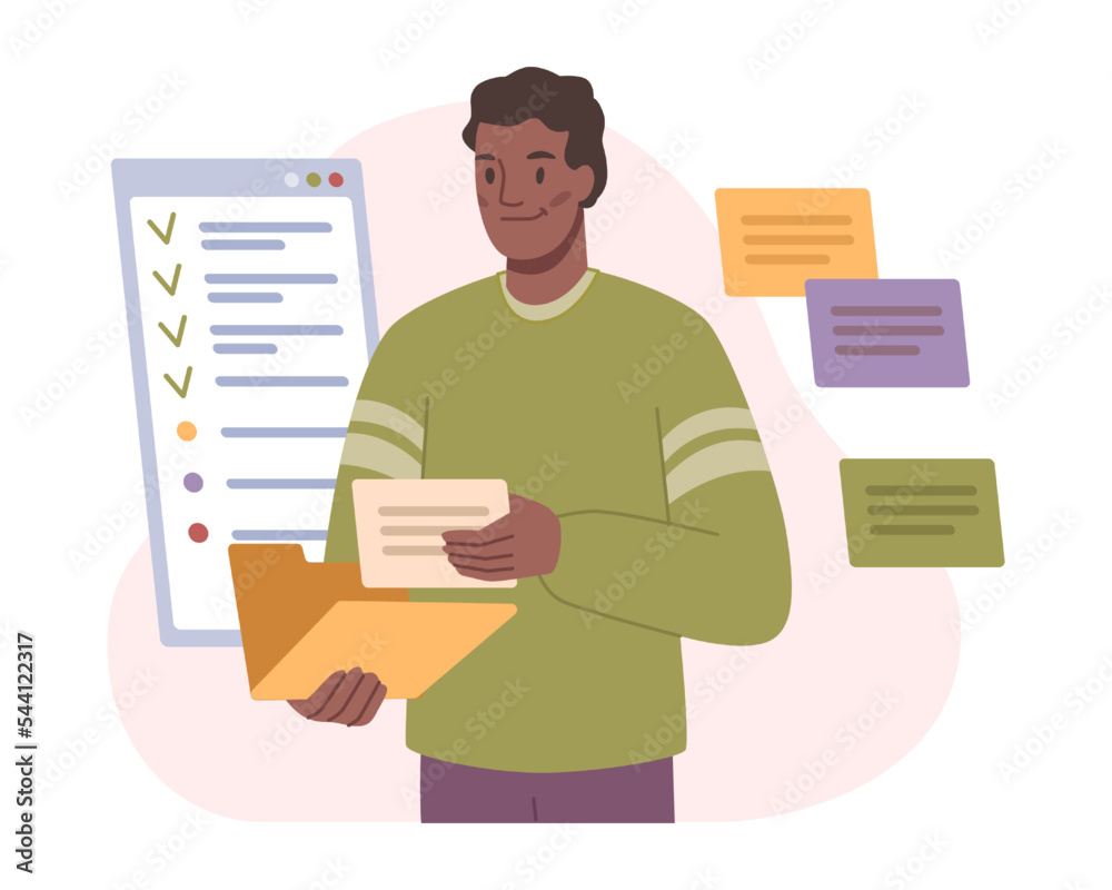 Business project completion, isolated employee working with files and ...