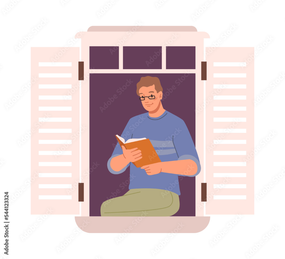 Male personage sitting on window sill and reading book. Leisure and ...