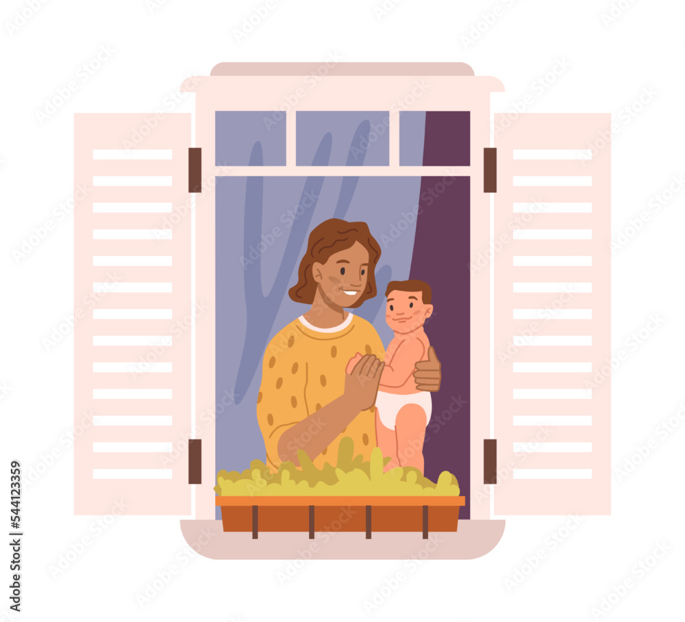 Mom and toddler child looking out of window, kid standing on sill with ...