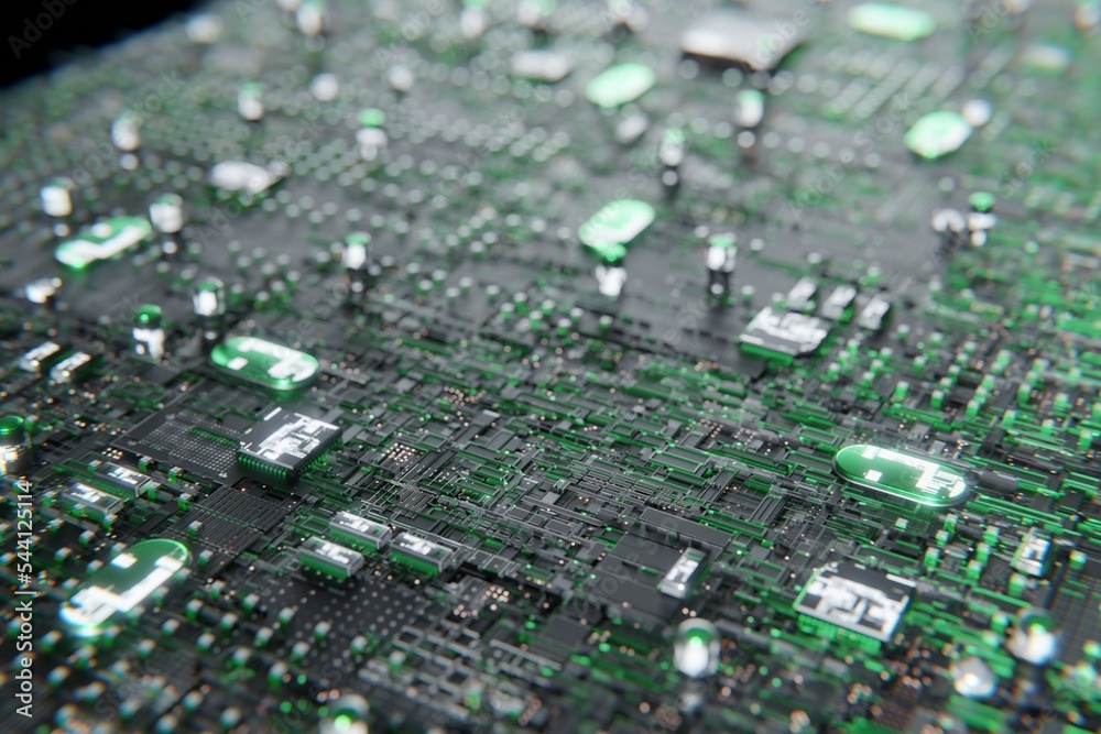 Cyberpunk AI 3D timeline. Circuit board. Technological background. CPU ...