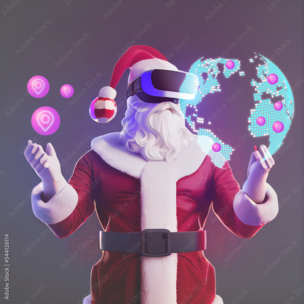 Santa Claus 3d head in Virtual Reality Space in VR glasses neon sci-fi ...
