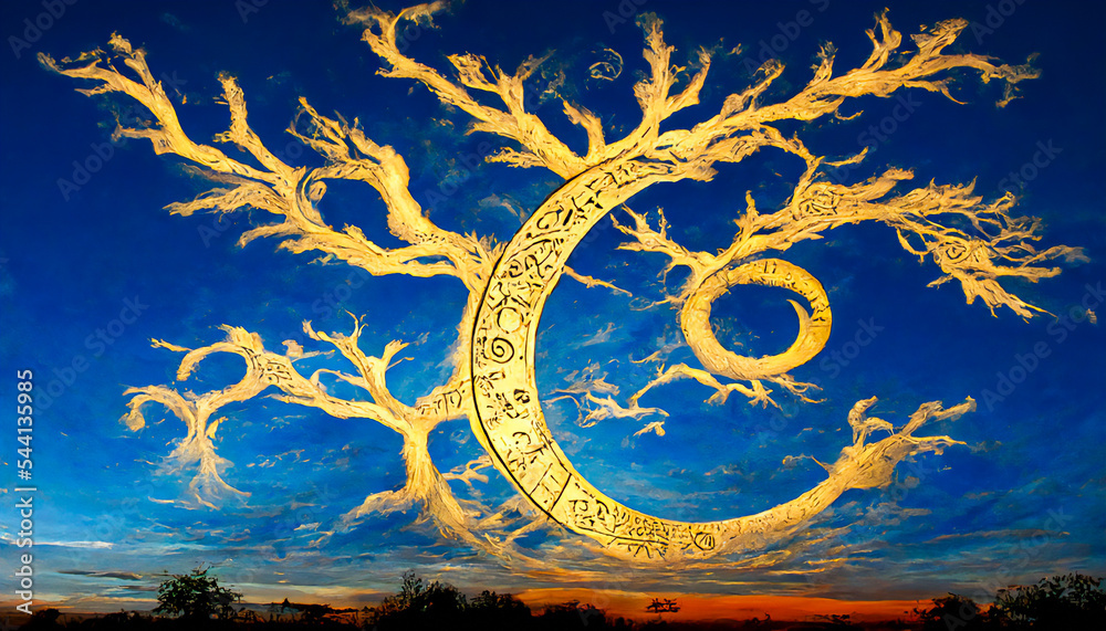 Golden circular zodiac appearing in the blue sky above a landscape ...