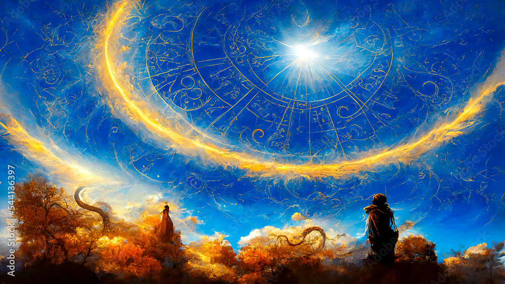 This magnificent landscape features a zodiac in the clouds, which is ...